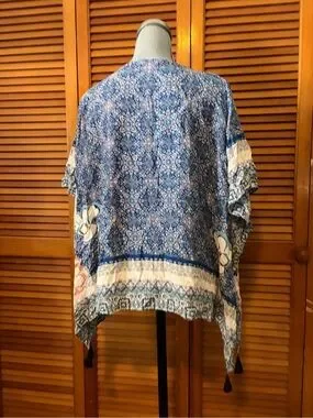 J. Jill | Tops | Blue Floral Boho Poncho Top With Tassels | Poshmark